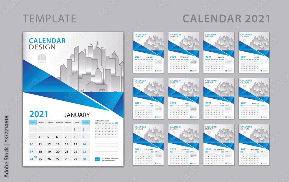 Calendar 2021 template, Set Desk Calendar design with Place for Photo ...