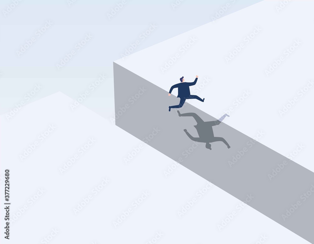 Businessman jumping over gap. symbol of business risk and courage ...