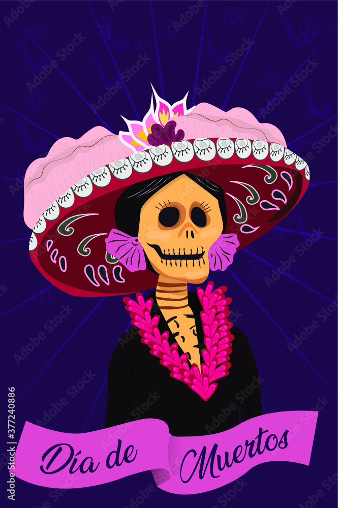 Catrina illustration with text in Spanish: Day of the dead Stock Vector ...