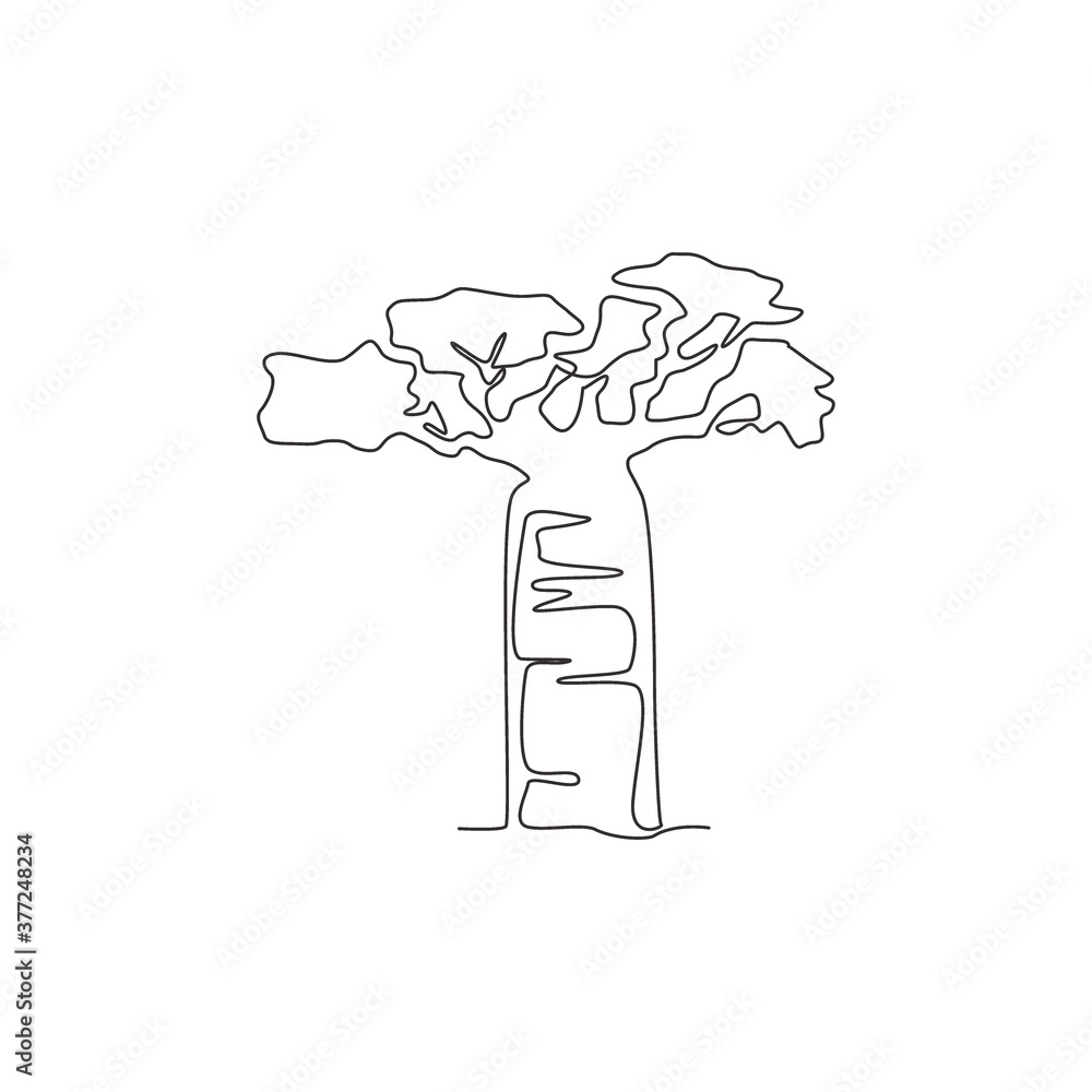 Single one line drawing of beauty and exotic baobab tree. Decorative ...