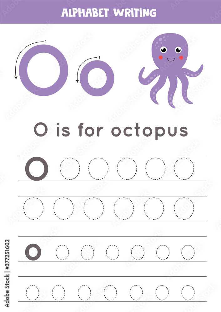 O is for octopus. Tracing English alphabet worksheet. Stock Vector ...
