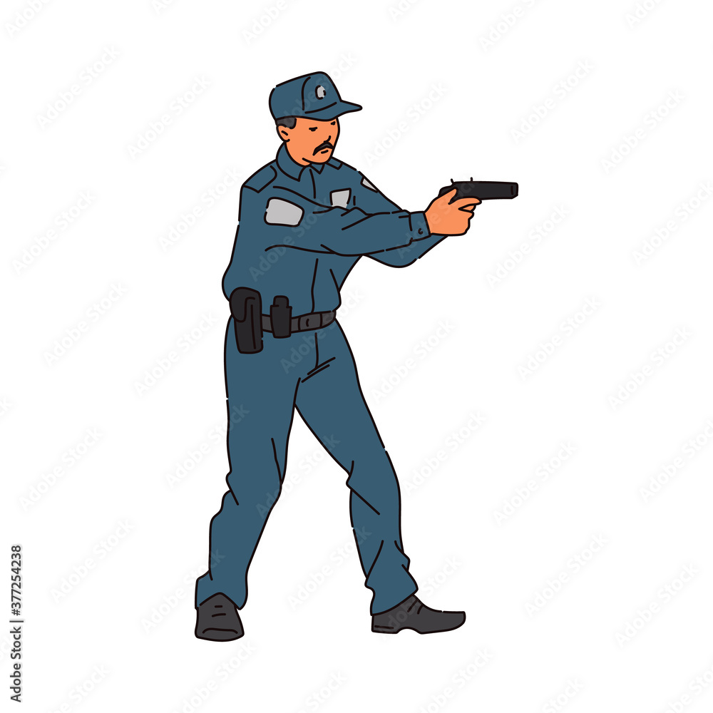 Policeman character shooting from weapon sketch vector illustration ...