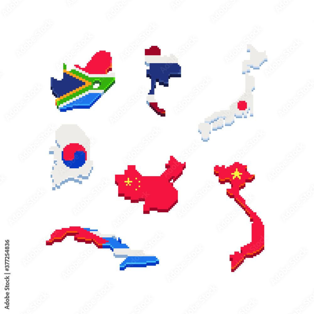 Set of map of different countries with flags, South Africa, China ...