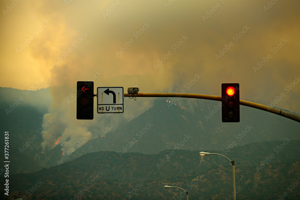 Fires in California. Red traffic light. Ecological problems. Fires in ...