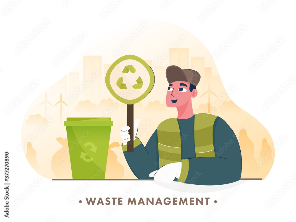 Cartoon Man Research Recycle Bin on Green City Background For Waste ...