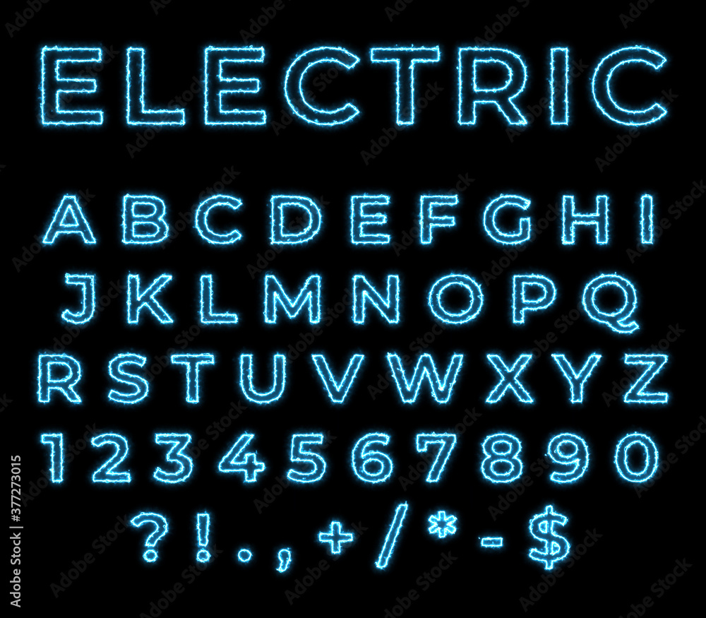 Electric Outline Font Design with light glow. All Caps Alphabet Numbers ...