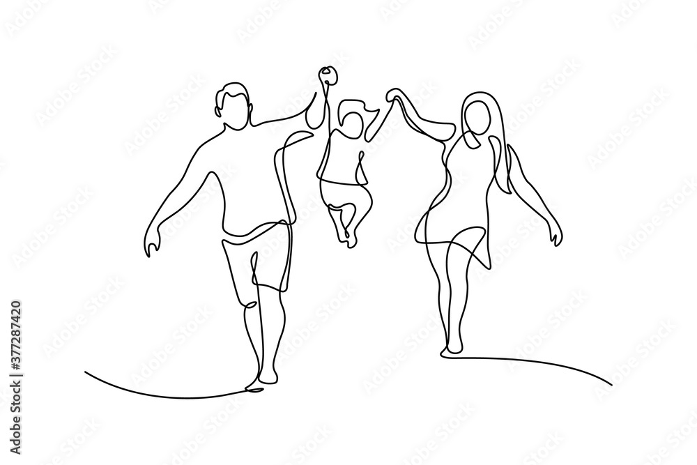Happy family in continuous line art drawing style. Front view of ...