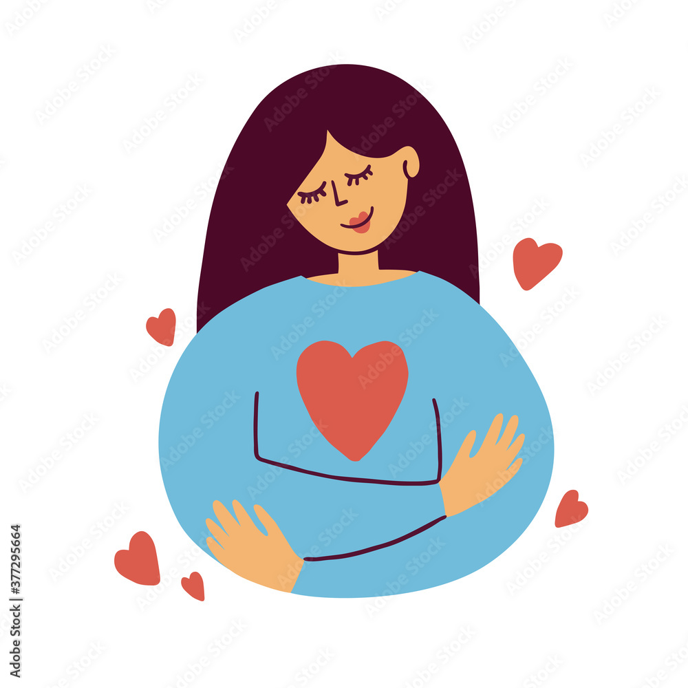 Cute girl hugs herself. Self care, love yourself icon, body positive ...