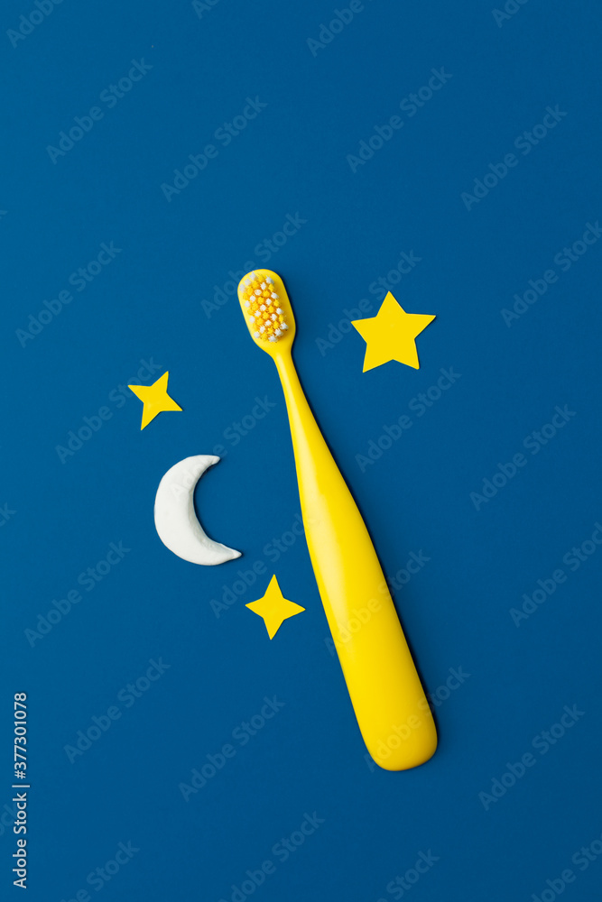 Yellow Cute kids toothbrush, moon, stars on classic blue background ...