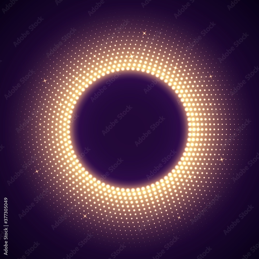 Golden round frame in disco style. Bright illuminated circular border ...