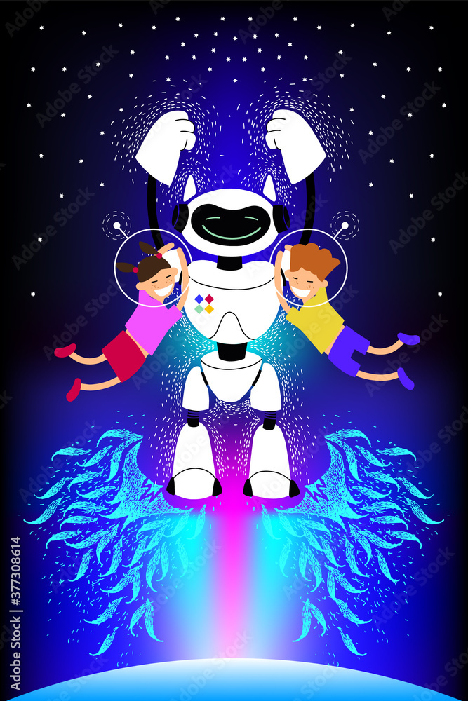 Android flying with children in space. astronauts in open space. young ...