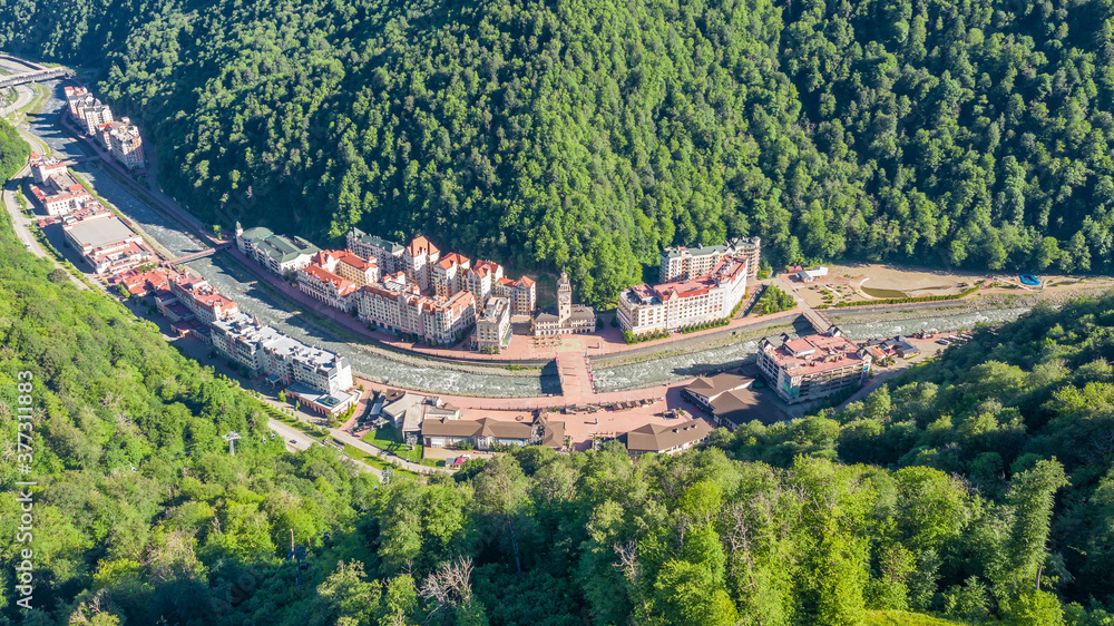 Rosa Khutor plateau, buildings, slopes and chair lifts. Aerial view ...