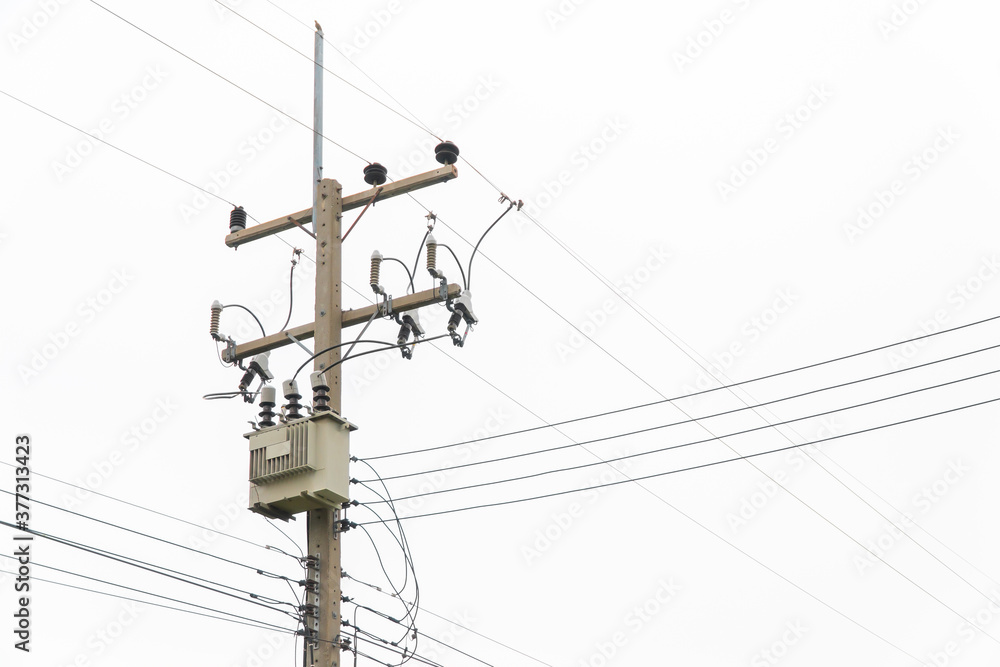 Electric transformer with isolated background. Electric pole with copy ...
