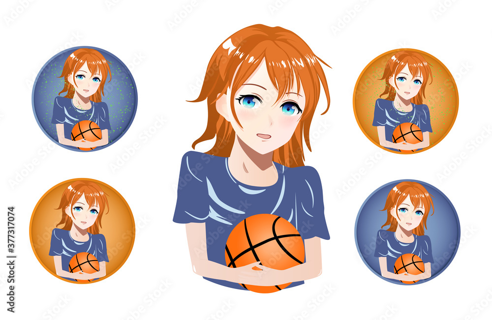 Set of cartoon anime girls with a ball portrait of faces icons vector ...