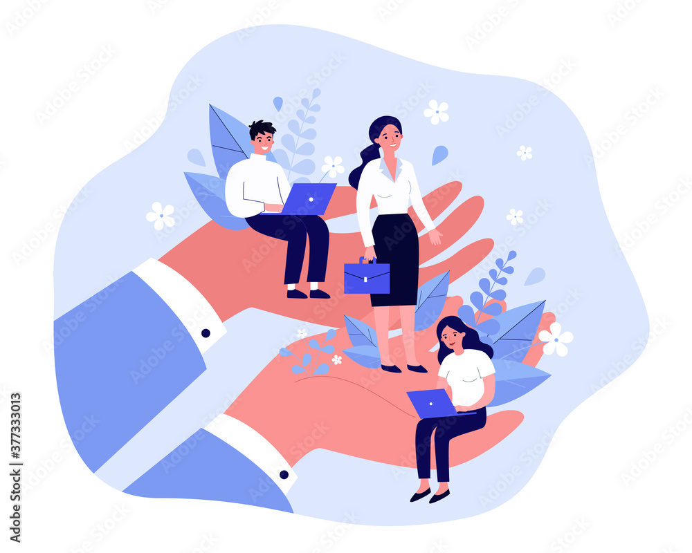 Employees care concept. Giant human hands holding and supporting tiny ...