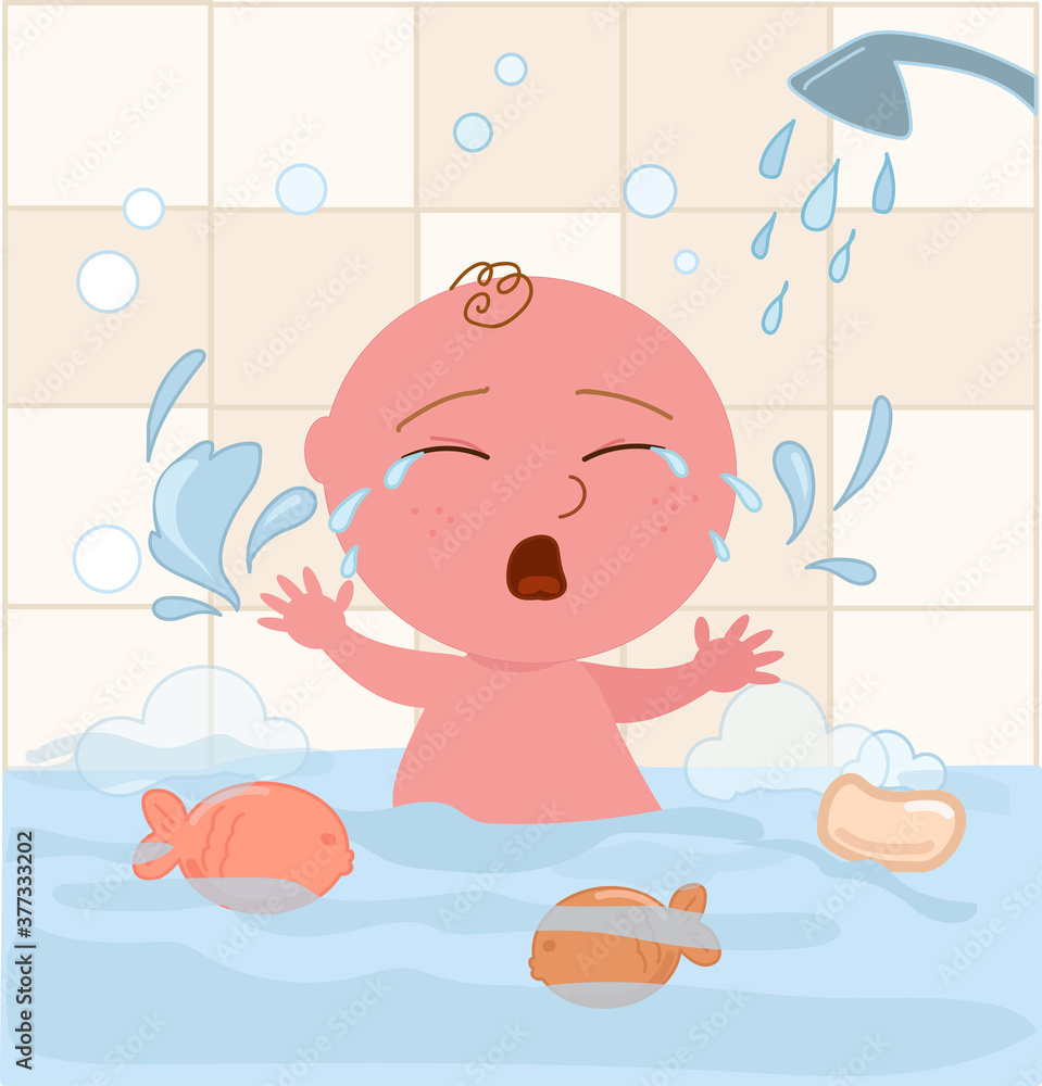Poster Crying baby boy throws a tantrum in bathtub, afraid of water ...