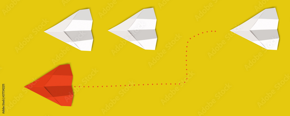 difference thinking paper plane concept: red airplane follow his own ...