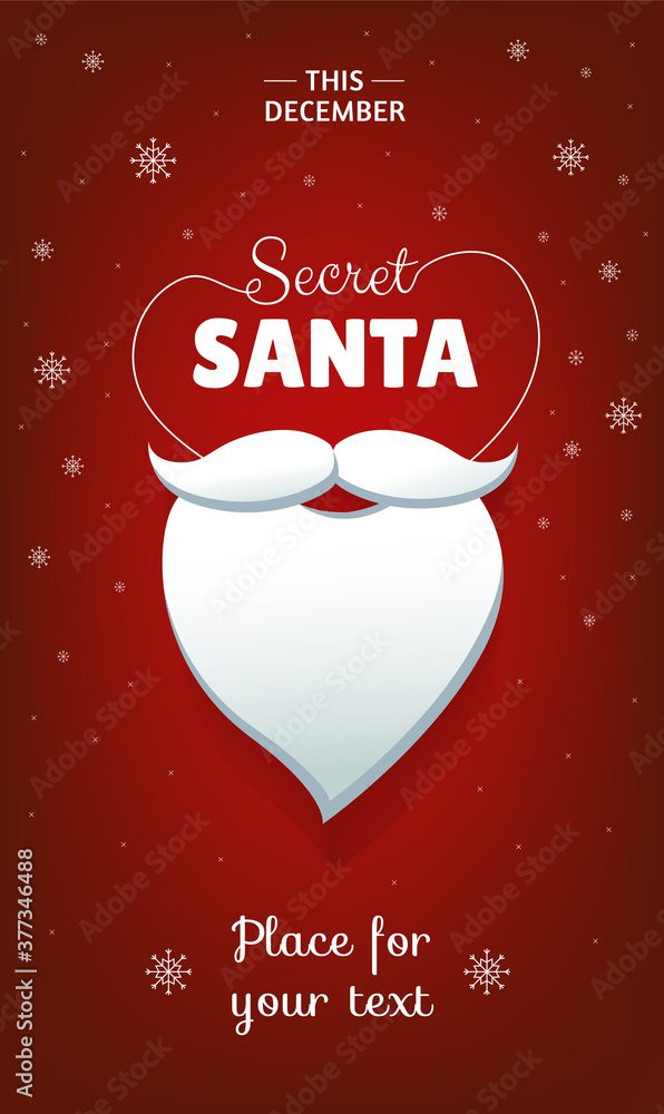 Secret Santa banner design template with white beard and snowflakes on ...