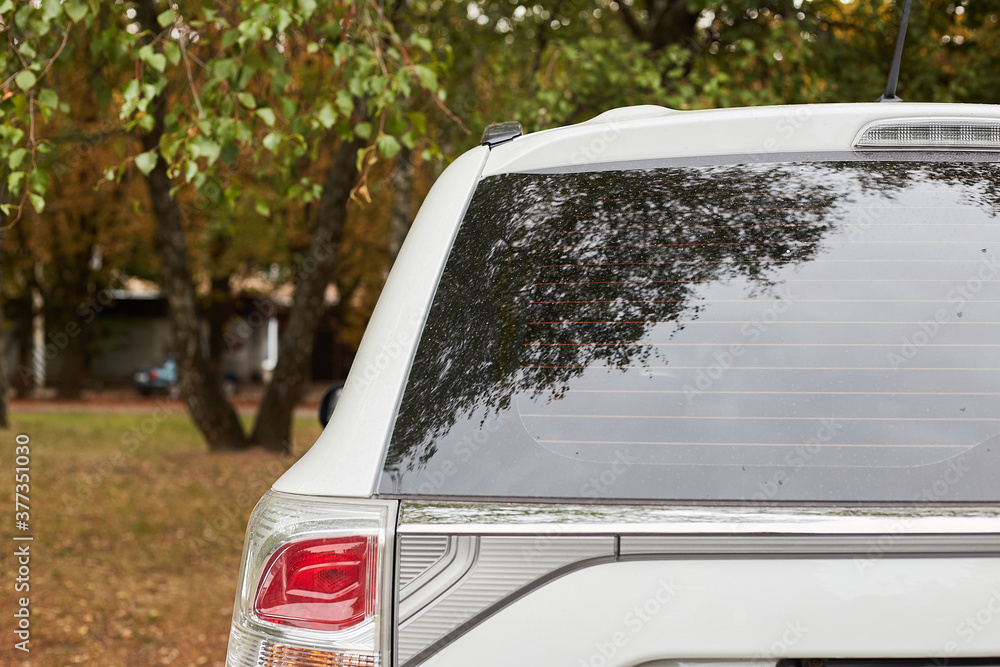 Back window of white car parked on the street in summer sunny day, rear ...