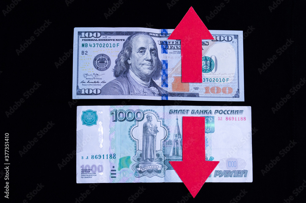 one hundred dollar bill on a black background with a red up arrow and a ...