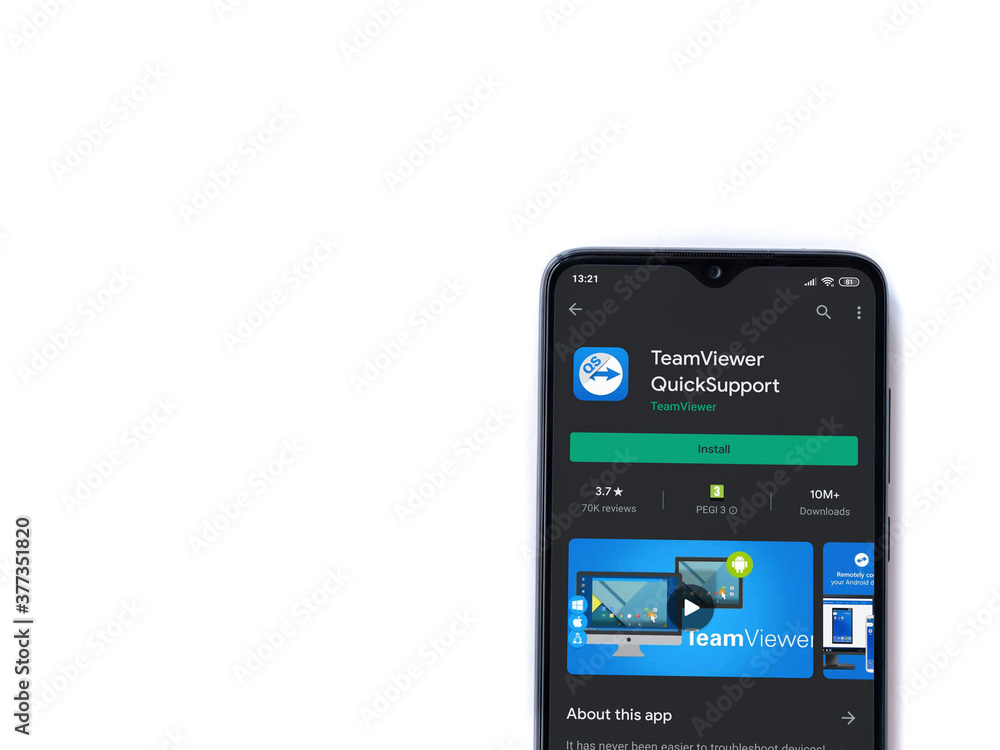 TeamViewer QuickSupport app play store page on the display of a black ...