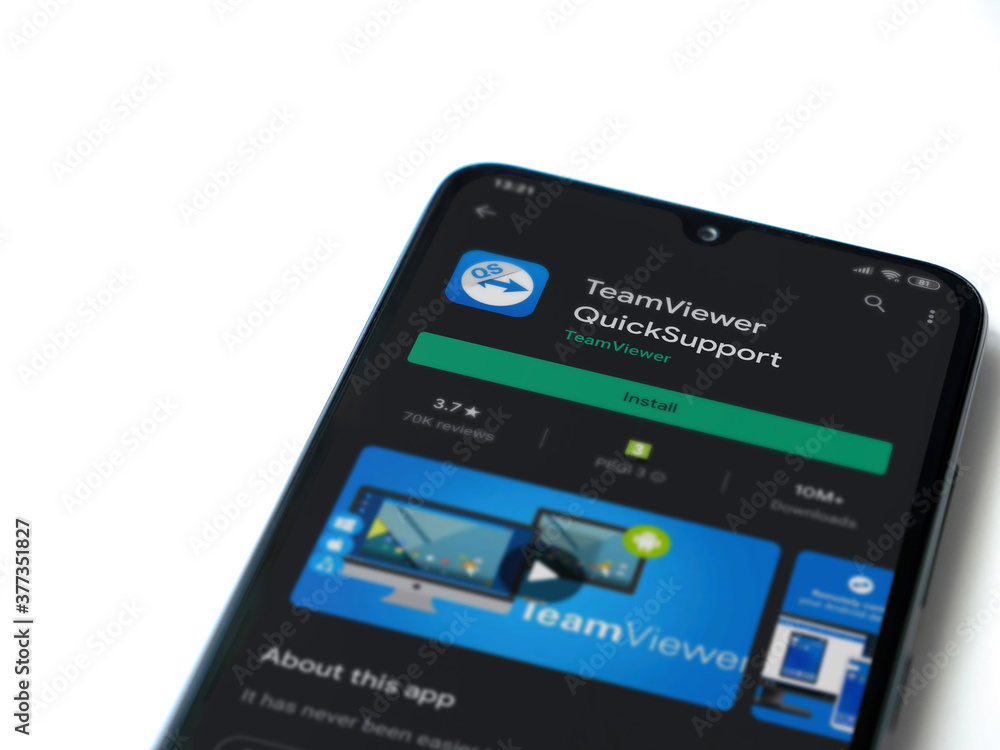 TeamViewer QuickSupport app play store page on the display of a black ...