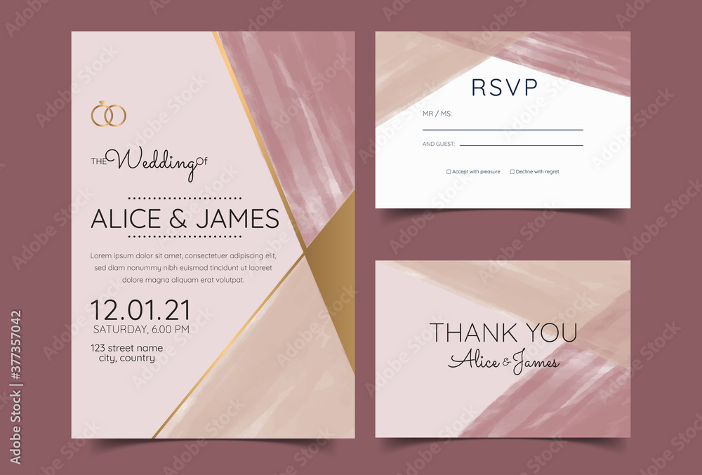 wedding invitation cards, watercolor textures and fake gold splashes ...
