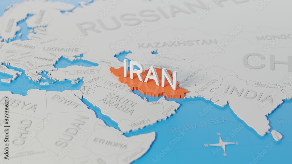 Iran highlighted on a white simplified 3D world map. Digital 3D render ...