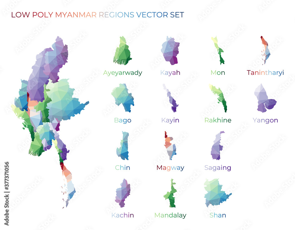 Myanmarian low poly regions. Polygonal map of Myanmar with regions ...
