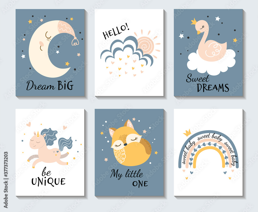 Set of cute pastel inspirational cartoon posters with the Moon, Owl ...