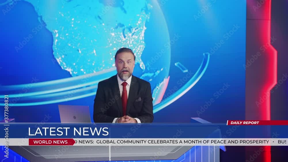 Live News Studio with Professional Male Newscaster Reporting on the ...