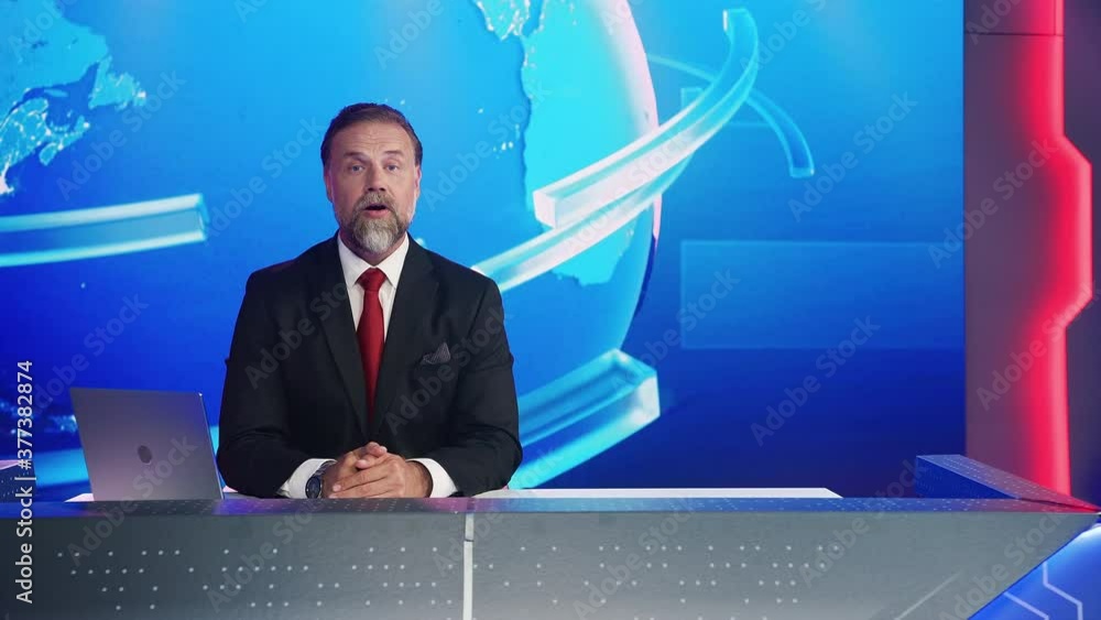 Live News Studio with Professional Male Newscaster Reporting on the ...