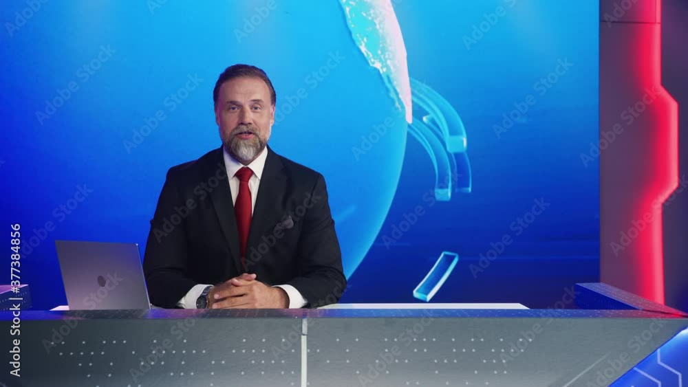 Live News Studio with Charismatic Male Newscaster Having Fun. Talk Show ...