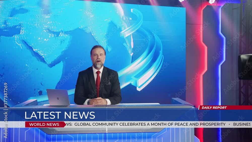 Live News Studio with Professional Male Newscaster Reporting on the ...
