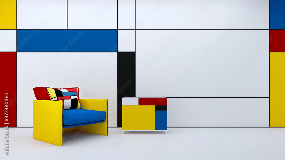 De stijl interior with chair and table.Composition with red,blue,yellow ...