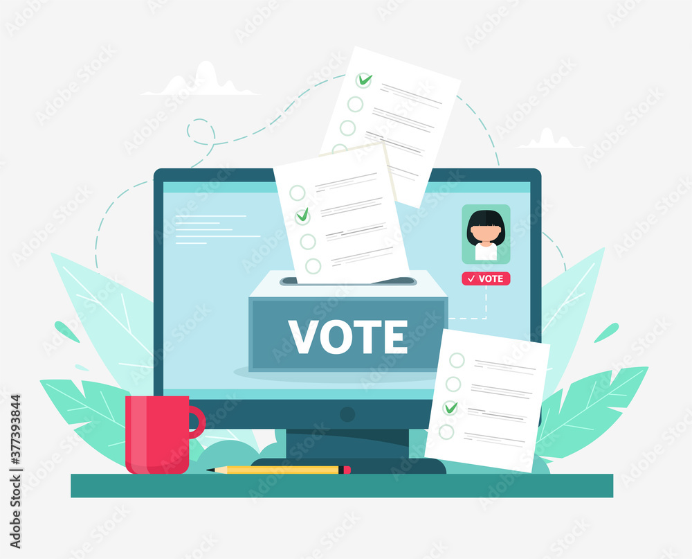 Online voting concept. Computer with human recognition and remote ...
