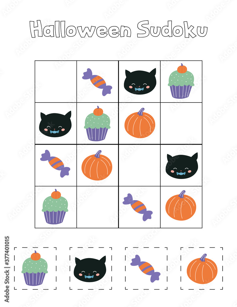 Halloween sudoku game for preschool kids. Cute kawaii black cat ...