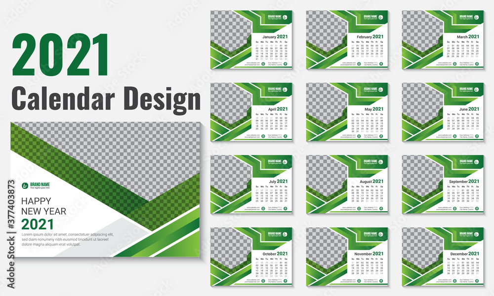 2021 Desk Calendar design vector template. 12 pages print ready vector ...