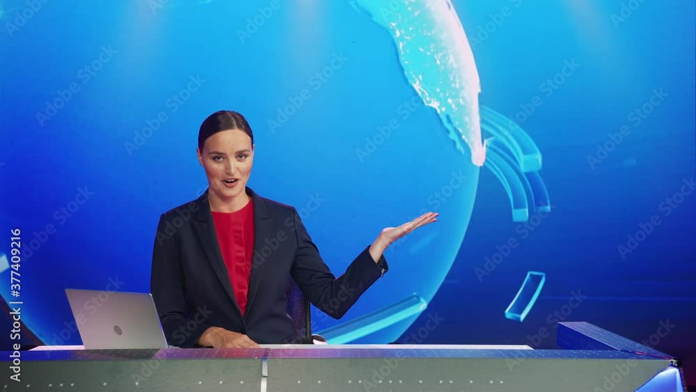 Live News Studio with Professional Female Newscaster Reporting on the ...