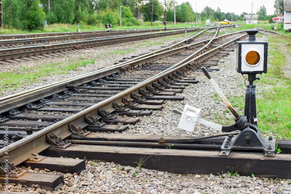 Adjustable arrow on a fork of the railways. Arrow for switching the ...