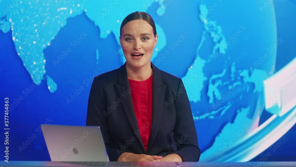 Live News Studio with Professional Female Newscaster Reporting on the ...