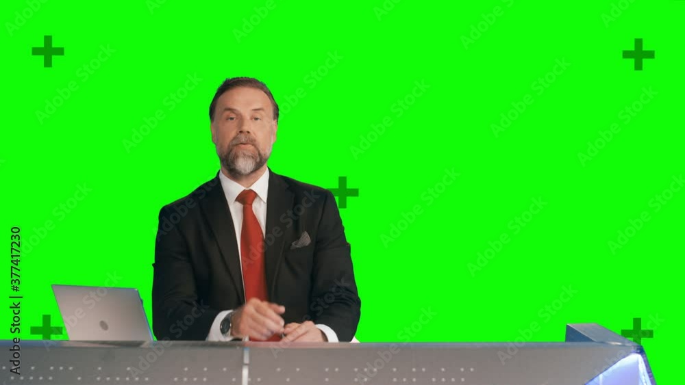 Green Screen Background: Live News Studio with Professional Male Anchor ...