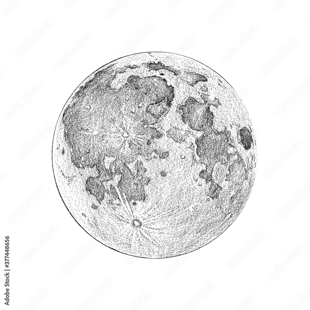 Moon full phase, illustration sketch style, full moon image on white ...