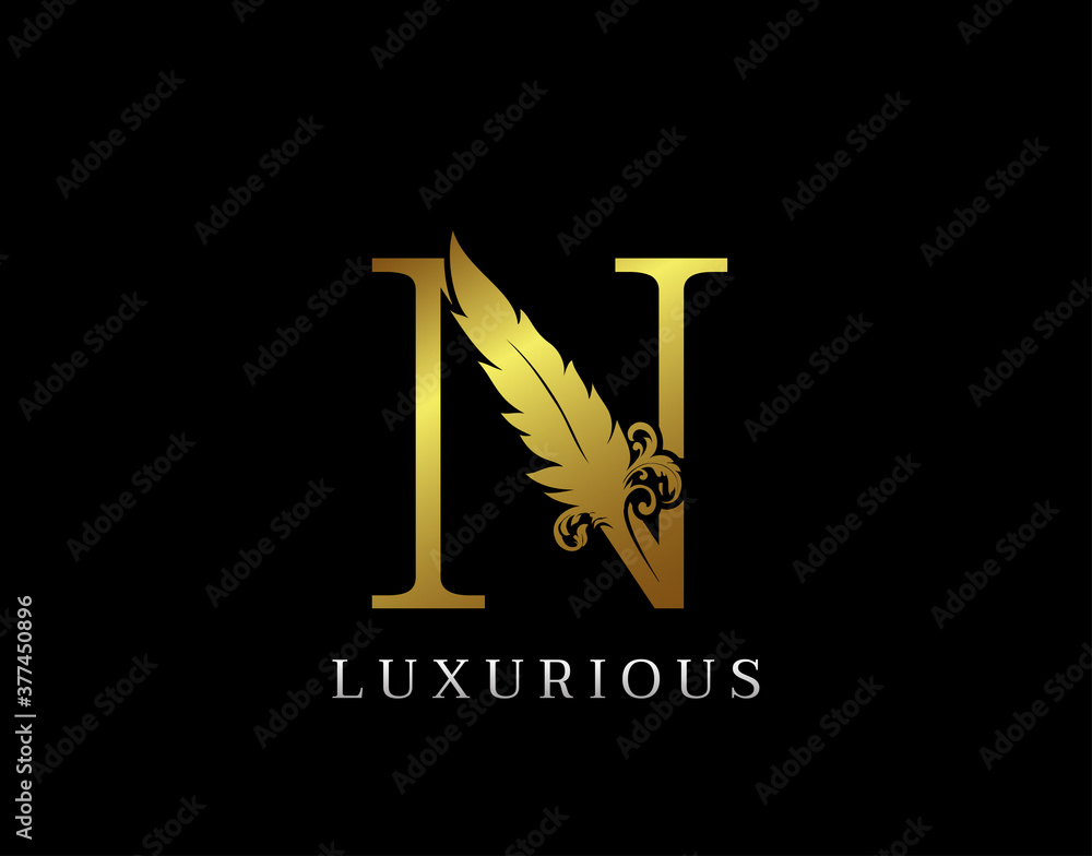 Golden Feather Letter N Luxury Brand Logo icon, vector design concept ...