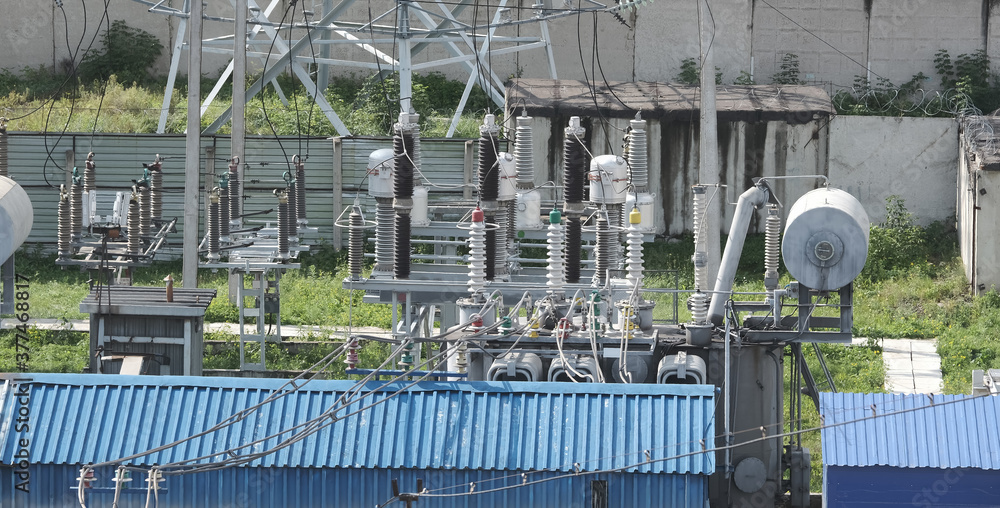 Electrical substation. Electrical equipment, structures, wires ...