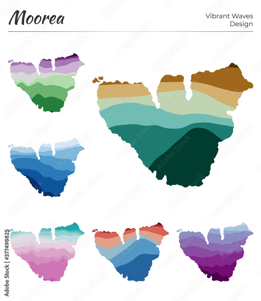 Set of vector maps of Moorea. Vibrant waves design. Bright map of ...