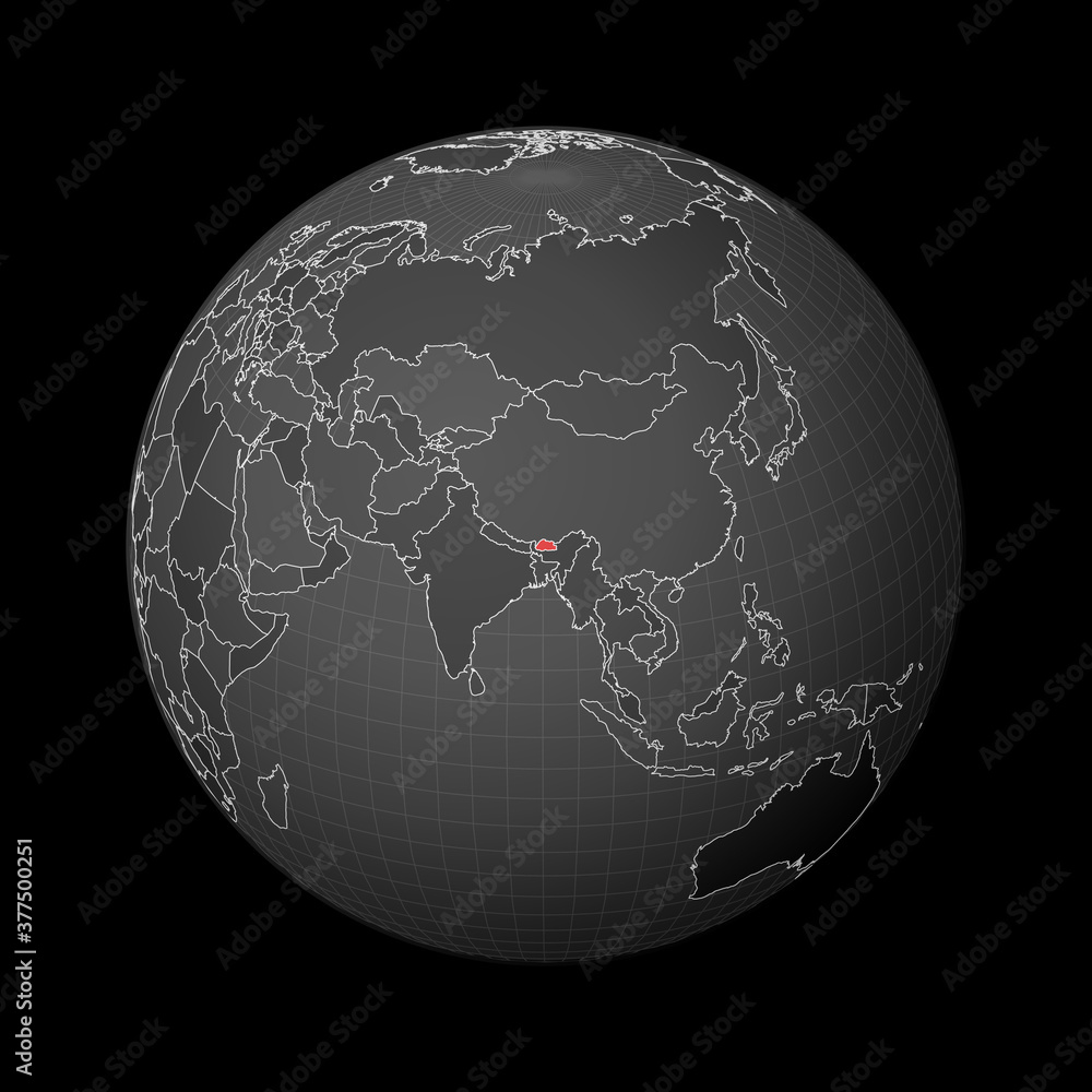 Dark globe centered to Bhutan. Country highlighted with red color on ...