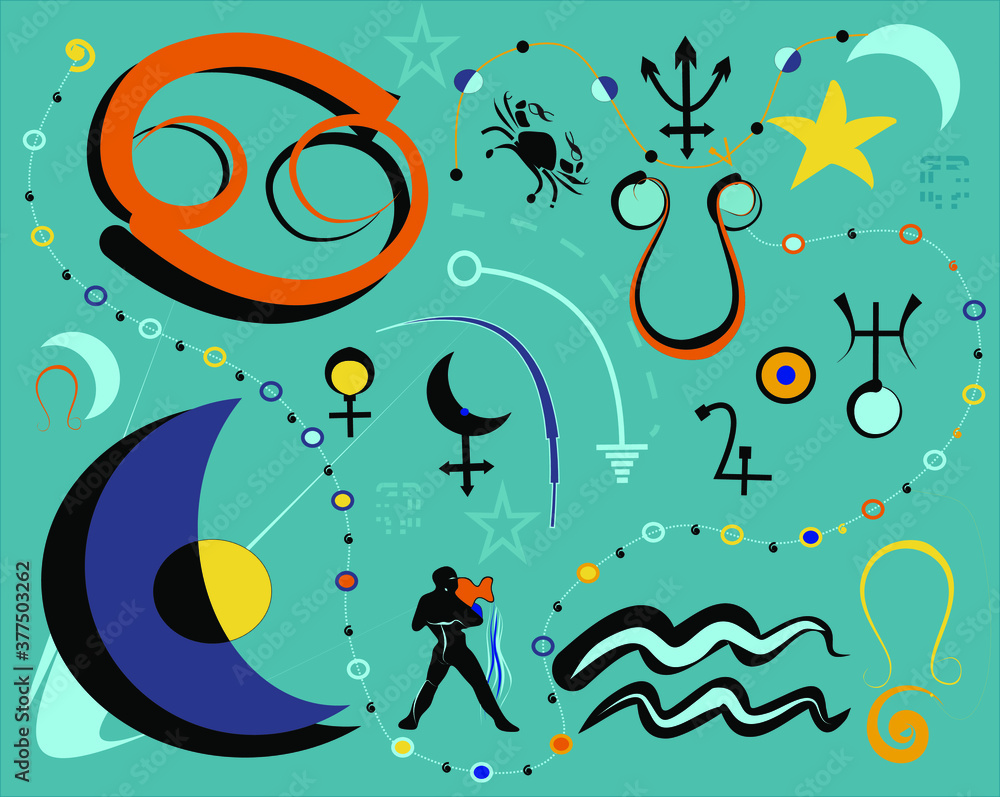 Abstract blue background ,surrealism art style,astrological symbols ...