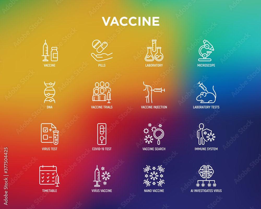 Vaccine thin line icons set: syringe and ampoule, laboratory test ...
