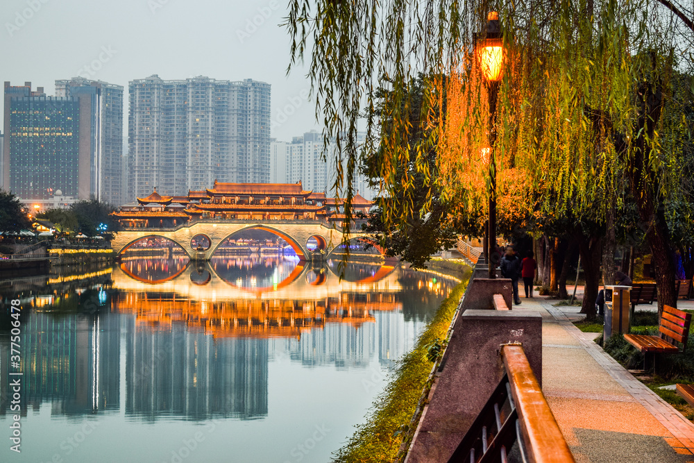 Famous Chinese Temple Bridge over Jin River - Chengdu, China Stock ...
